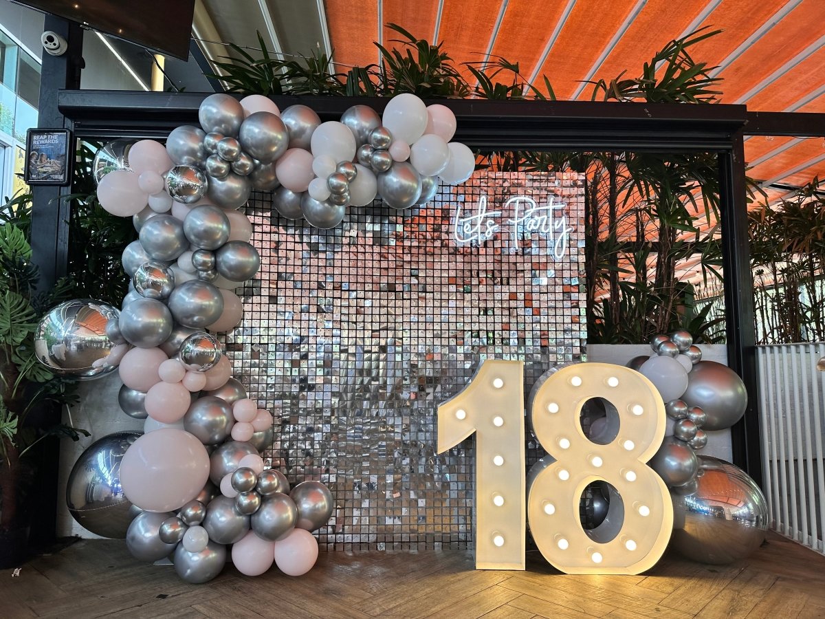 18th Birthday Balloon Garland with 2m Shimmer Wall and Neon Sign ...