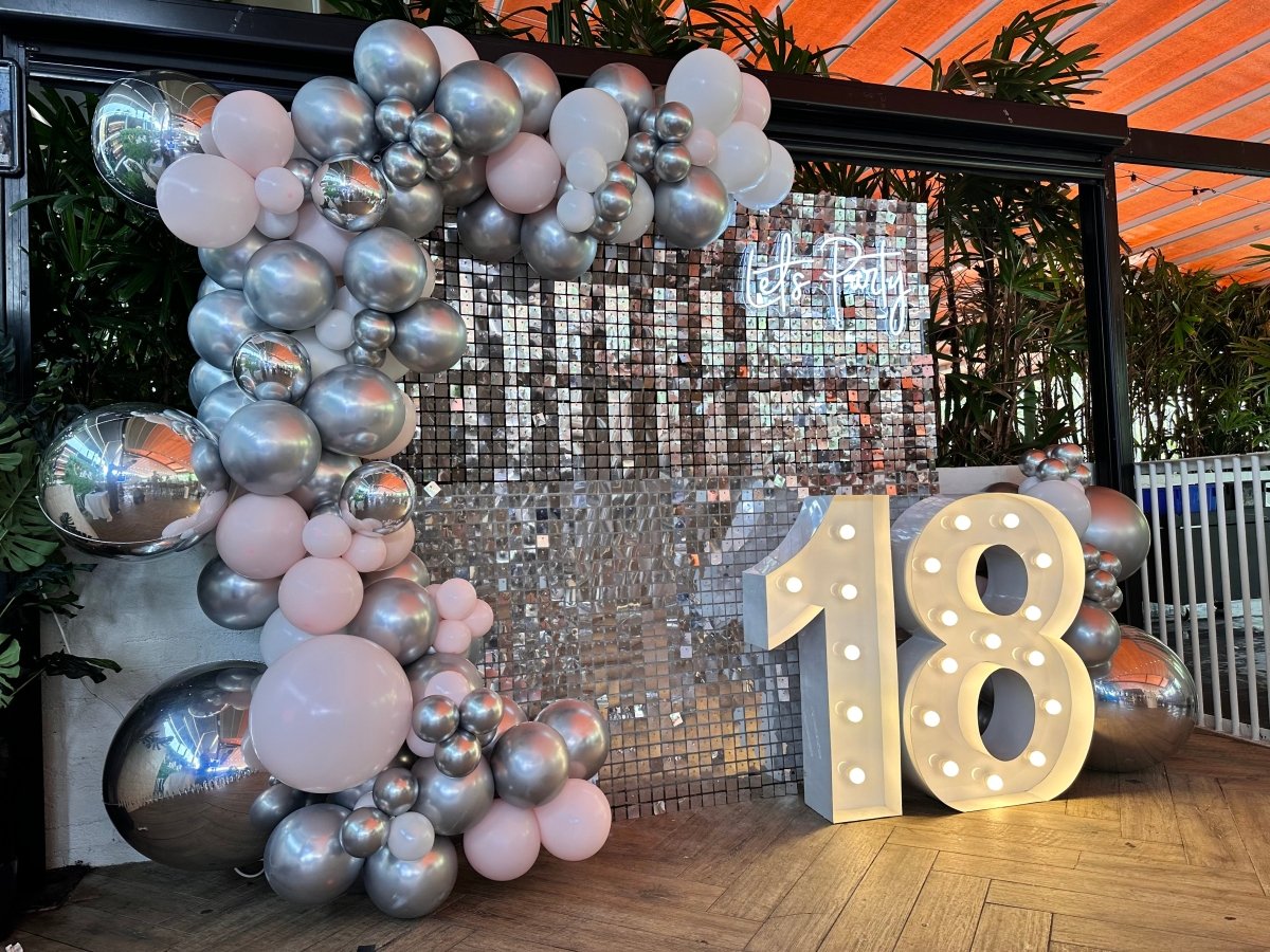 18th Birthday Balloon Garland with 2m Shimmer Wall and Neon Sign ...