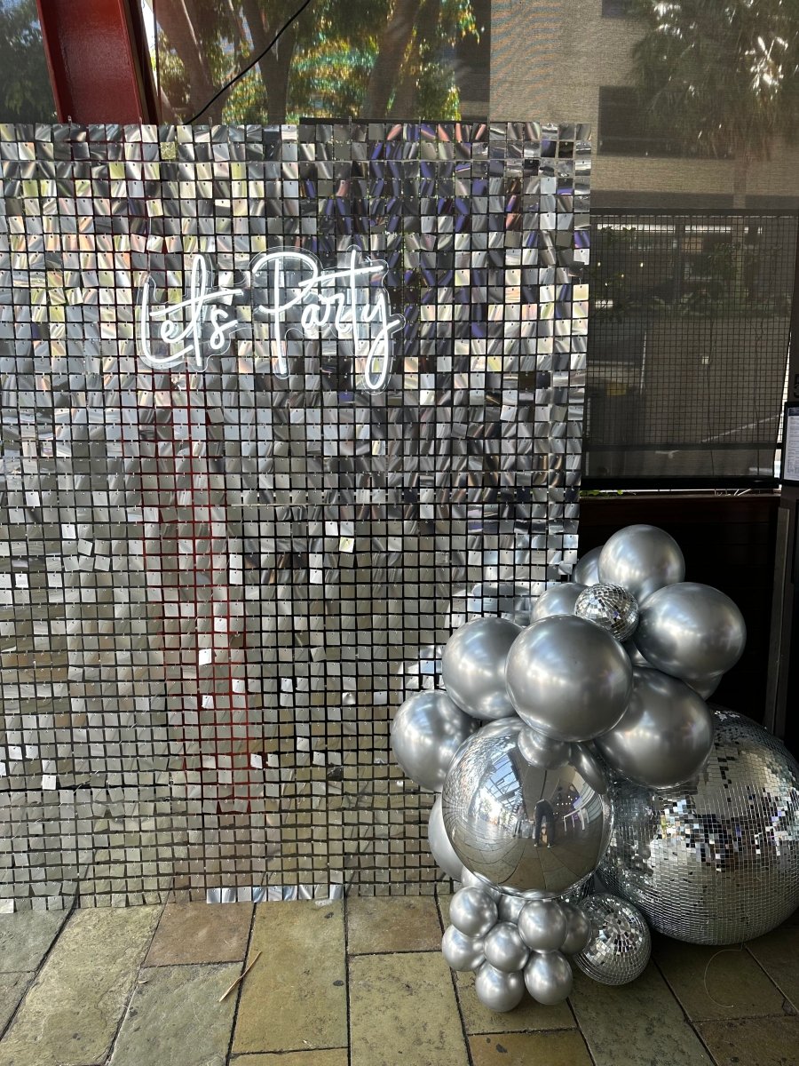 Silver Orbz & Latex Balloon Garland with Silver Shimmer Wall and Neon ...