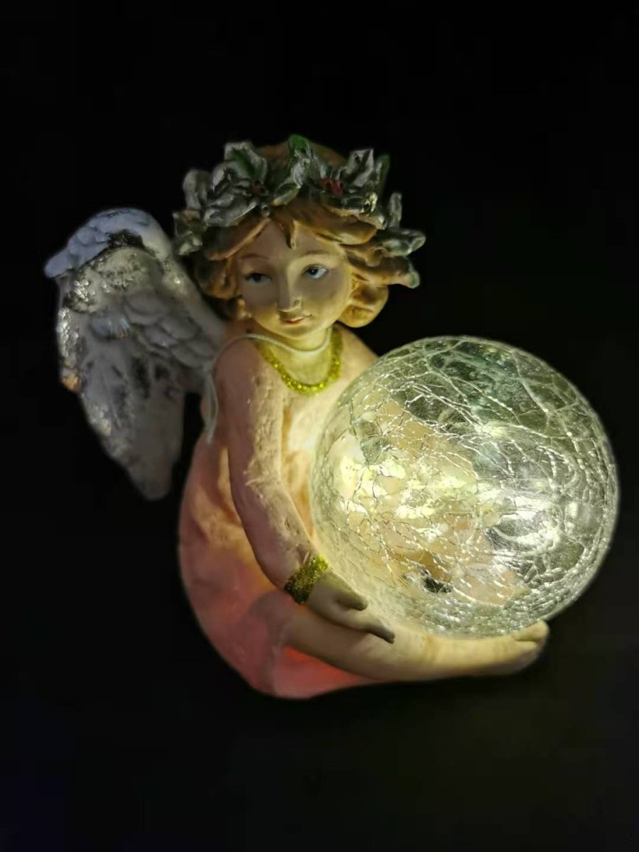 Sitting Ceramic Angel with LED Crackle Glass Ball – Warm White Lights ...